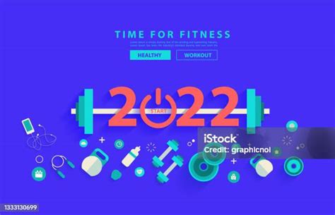 새해 복 많은 새해 2022 피트니스 컨셉 운동 타이포그래피 알파벳 디자인 장비 벡터 일러스트 플랫 모던 레이아웃 템플릿 운동에 대한 스톡 벡터 아트 및 기타 이미지