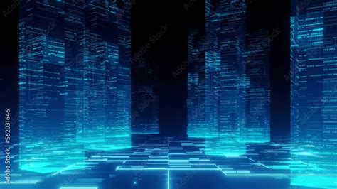 Big Data Server Futuristic Flow Code In Cyber Space Room Camera Fly Through Animation Blue