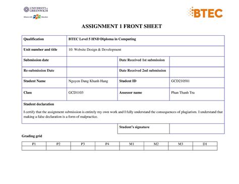 1633 Asm1 Nguyen Dang Khanh Hang Assignment 1 Front Sheet