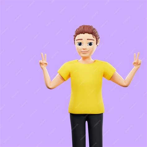 두 개의 손가락을 위로 올린 남자의 그림 노란색 티셔츠를 입은 젊은 남자가 인사 표시를 보여줍니다 두 손 좋은 오후 멋진 기호 십대 제스처 언어 비즈니스를 위한 3d