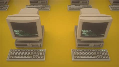 retro personal computer or pc with keyboard in dynamic motion abstract 3d render pattern