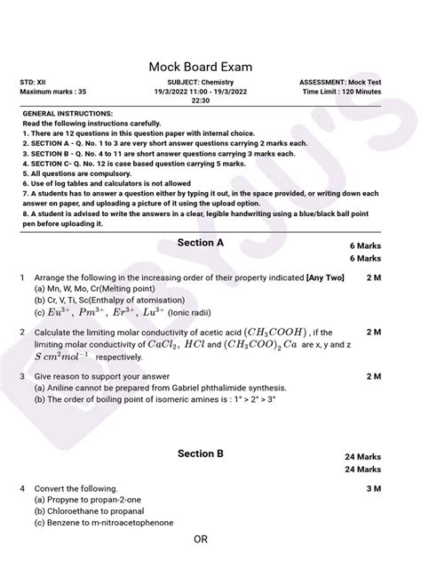 Cbse Class 12 Chemistry Sample Mock Paper Term 2 Exam 2021 22 Pdf