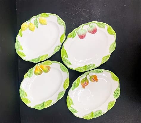 Majolica Fruit Plates Vietri Set Of 4 Lemon Apple Pear Fig Oval Etsy