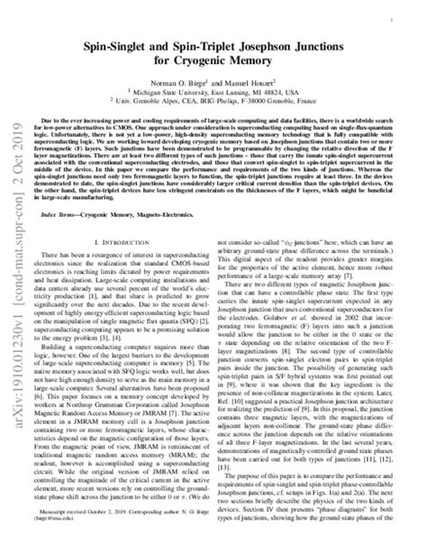 Pdf Spin Singlet And Spin Triplet Josephson Junctions For Cryogenic Memory
