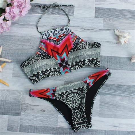 Geometric Low Waist Thong Bikini Sets Beachwear Digital Printed