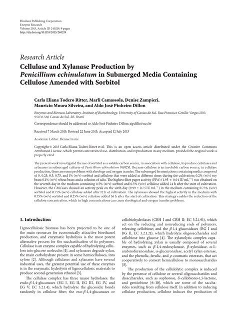 Pdf Cellulase And Xylanase Production By Penicillium Echinulatum In Submerged Media Containing