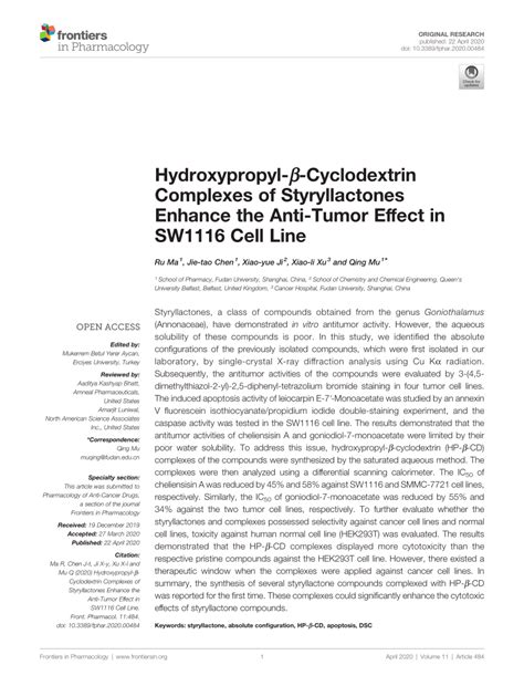 Pdf Hydroxypropyl β Cyclodextrin Complexes Of Styryllactones Enhance The Anti Tumor Effect In