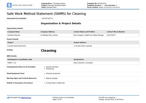 Cleaning Safe Work Method Statement Free And Customisable