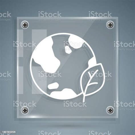 회색 배경에 고립 된 화이트 어스 글로브와 잎 아이콘 세계 또는 지구 기호 기하학적 모양 환경 개념 정사각형 유리 패널 벡터 0명에 대한 스톡 벡터 아트 및 기타 이미지