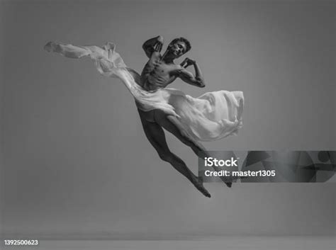 우아한 근육질의 남성 발레 댄서가 직물로 춤을 추는 흑백 초상화 회색 스튜디오 배경에 고립 된 천 은혜 예술 아름다움 개념 무중력 유연한 패션에 대한 스톡 사진 및 기타