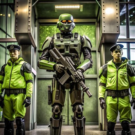 A Futuristic Security Detail Featuring A Robotic Officer Armed With A Futuristic Weapon Standing