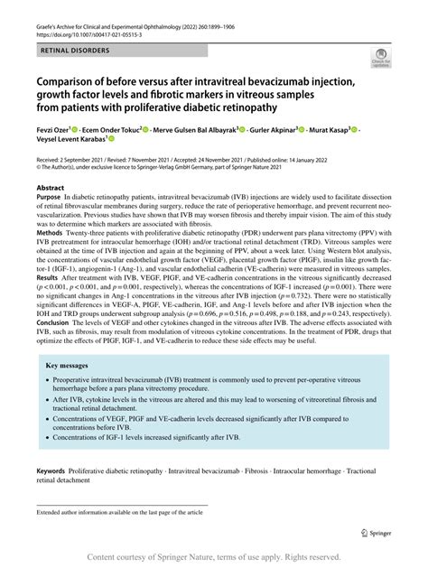 Comparison Of Before Versus After Intravitreal Bevacizumab Injection Growth Factor Levels And