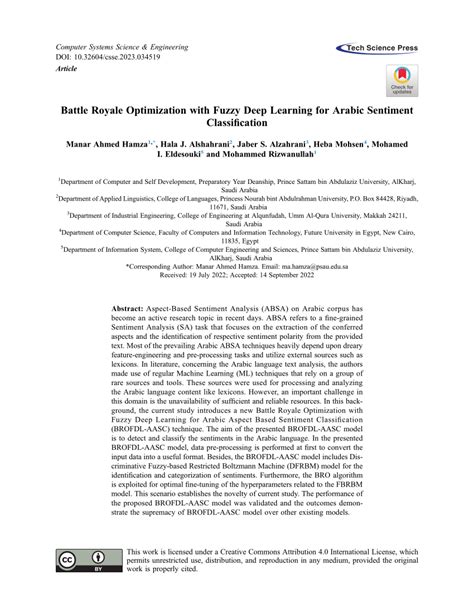 Pdf Battle Royale Optimization With Fuzzy Deep Learning For Arabic Sentiment Classification