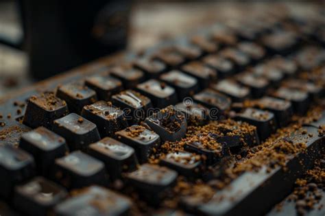 A Close Up Of A Keyboard Covered In Crumbs And Coffee Stains Showcasing A Messy Workspace Stock