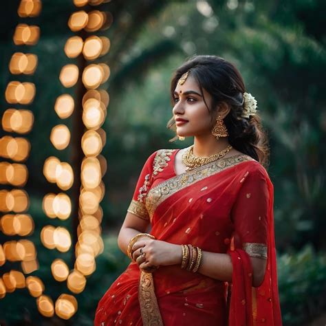 Premium Photo A Girl In A Red Saree Is Standing And Modeling