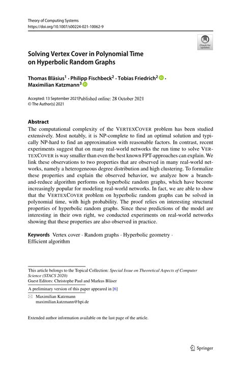 Pdf Solving Vertex Cover In Polynomial Time On Hyperbolic Random Graphs
