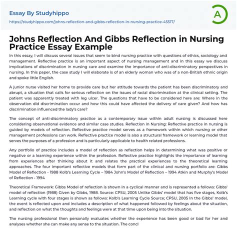 Johns Reflection And Gibbs Reflection In Nursing Practice Essay Example