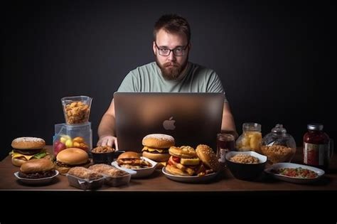 Premium Photo A Man Works At A Computer And Eats Fast Food