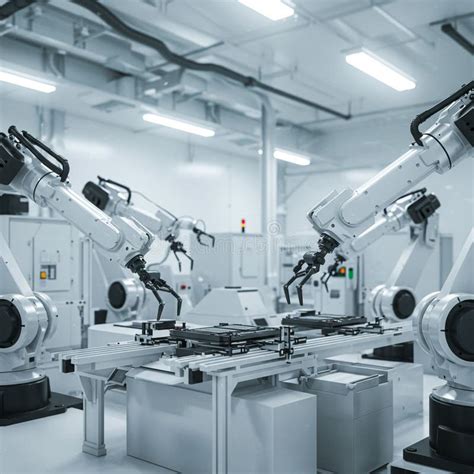 Futuristic Factory Setting Featuring Multiple Robotic Arms Engaged In Assembly Tasks Stock