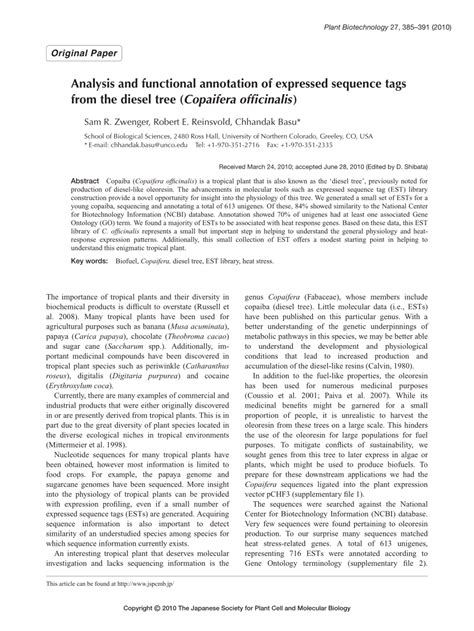 Pdf Analysis And Functional Annotation Of Expressed Sequence Tags From The Diesel Tree