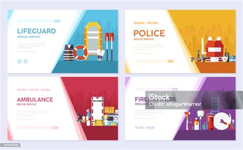 소방 관 래프팅 경찰 의학 구조 응급 서비스 브로셔 카드 세트 전단지 웹 배너 Ui 헤더 사이트를 입력의 템플릿 레이아웃 초대장 현대 슬라이더 Sos에 대한 스톡 벡터 아트
