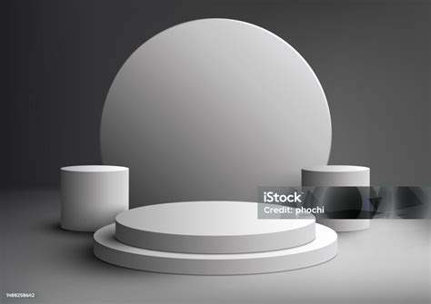 회색 배경에 원형 배경이 있는 흰색 연단 스탠드 플랫폼 디스플레이 레이어의 3d 현실적인 빈 그룹 0명에 대한 스톡 벡터 아트 및 기타 이미지 Istock