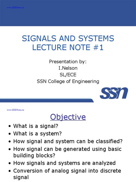 signals and systems lecture note 1 presentation by i nelson sl ece