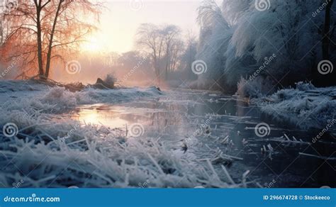 Frosty River Glowing In Evening Light Whimsical Photo With
