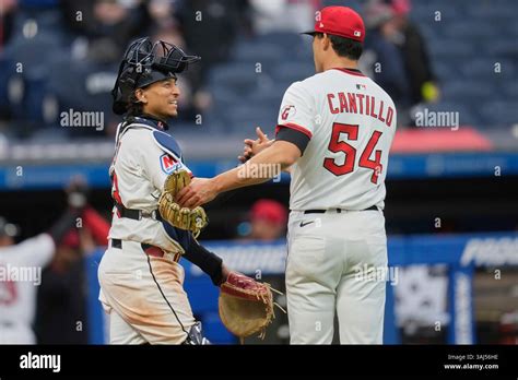 Cleveland Guardians Catcher Bo Naylor Left Congratulates Relief