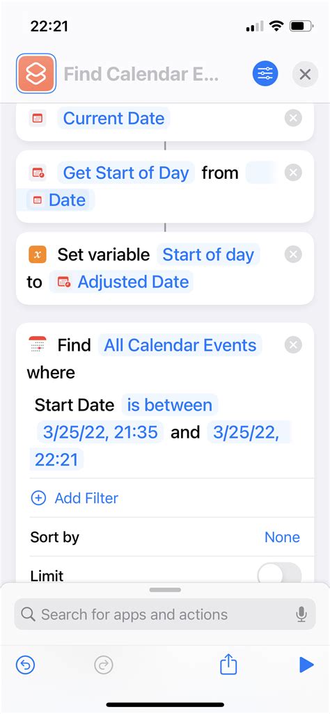 how do i pass a date variable to find calendar events where r shortcuts