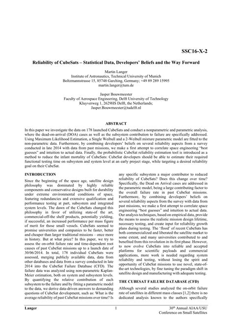 Pdf Reliability Of Cubesats Statistical Data Developers Beliefs And The Way Forward