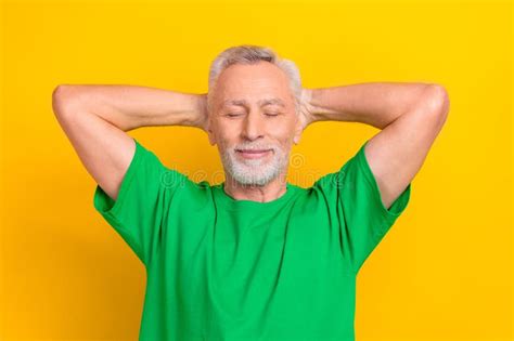 Portrait Of Satisfied Carefree Person Closed Eyes Arms Behind Head Enjoy Nap Sleep Isolated On