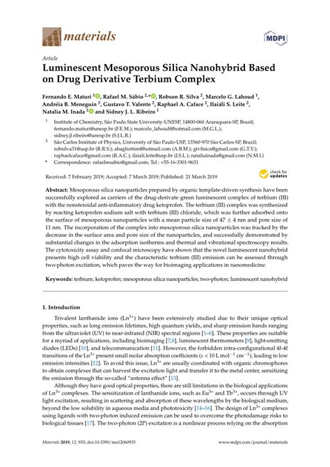 Pdf Luminescent Mesoporous Silica Nanohybrid Based On Drug Derivative Terbium Complex