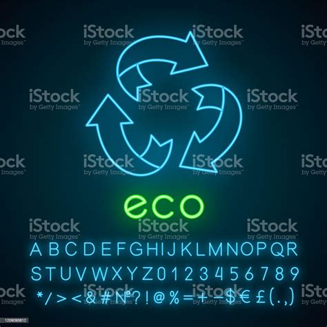 에코 라벨 네온 라이트 아이콘 세 둥근 화살표 기호입니다 기호를 재활용합니다 환경 보호 스티커 대체 에너지 알파벳 숫자 및 기호와 빛나는 기호입니다 벡터 절연 그림 3에