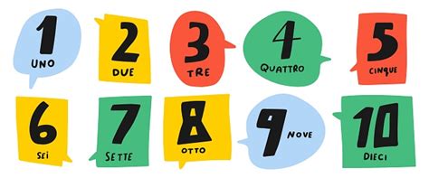민수기 1 10 다채로운 말풍선 이탈리아어 어린이를 위한 교육 개념 새로운 언어를 배우십시오 0명에 대한 스톡 벡터 아트 및