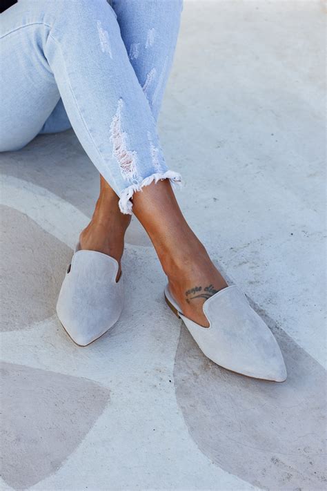Womens Grey Suede Leather Mules Cushioned Insole Slip On Flats