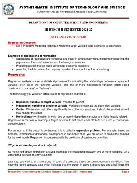 Data Analytics Regression Unit Iii Pdf Regression Analysis