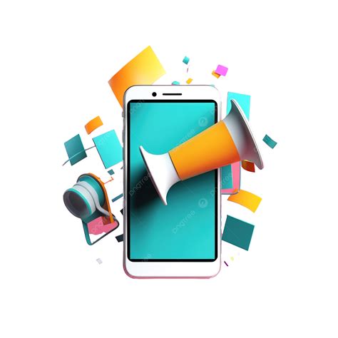 화려한 배경 3d 렌더링에 격리된 사업 아이디어 개념을 위한 메가폰 일러스트가 있는 스마트 폰 정보 주목 마케팅 Png