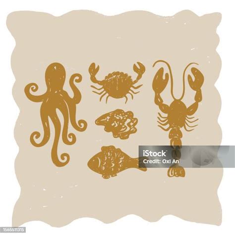 게 랍스터 생선 오징어 질감 배경이 있는 해산물 바다 조개류는 잉크 벡터 일러스트레이션 그런지 스타일을 그렸습니다 템플릿 전단지 포장 메뉴 엽서에 대한 질감이 있는 디자인