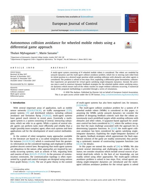 Pdf Autonomous Collision Avoidance For Wheeled Mobile Robots Using A Differential Game Approach