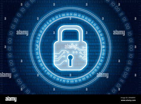 Digital Blue Lock Icon Interface With Circle Binary Numders On Brick Wall Background Cyber