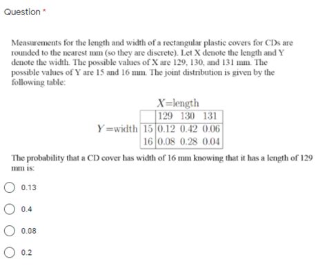 Solved Question Measurements For The Length And Width Of A Chegg Com