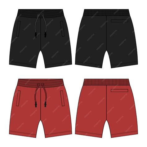 스웨트 반바지 바지 기술 드로잉 패션 플랫 스케치 벡터 검정 및 빨강 색상 템플릿 프리미엄 벡터