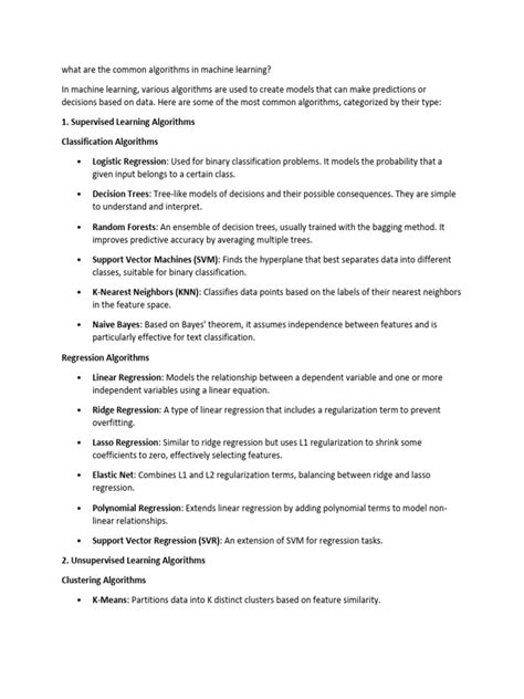 What Are The Common Algorithms In Machine Learning Pdf Support
