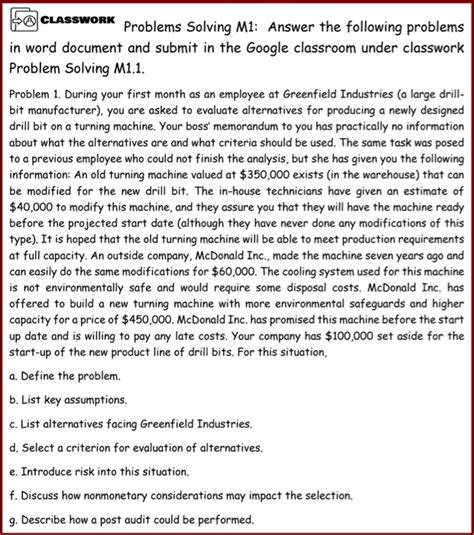 Solved Classwork Problems Solving M1 Answer The Following