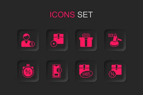 달러 판지 판지 상자 구매자 판지 무료 기호 경매 망치 할인 선물 및 스톱워치 퍼센트 아이콘으로 모바일 설정 벡터 Brand Name Smart Phone에 대한 스톡 벡터