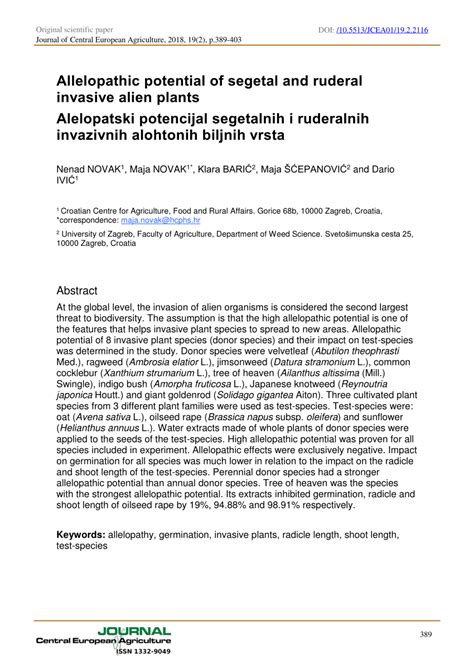 Pdf Allelopathic Potential Of Segetal And Ruderal Invasive Alien Plants