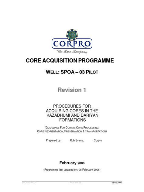 Coring Programme Core Proposal Spoa 03 Pilot Rev 1 Pdf