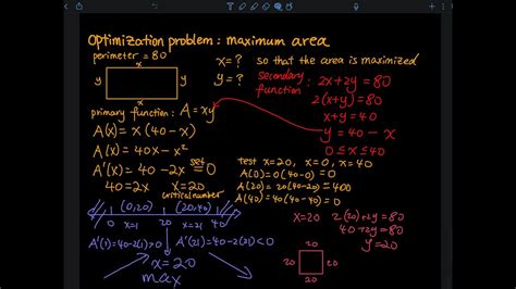 Optimization Problem Maximum Area Using Perimeter Of A Rectangle Differential Calculus Youtube Optimization Problem Maximum Area Using Perimeter Of A Rectangle Differential Calculus Youtube