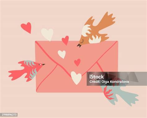 비둘기 새와 편지가 있는 로맨틱한 엽서 발렌타인 데이 사랑 카드 벡터 일러스트 레이 션 디자인 템플릿입니다 가공의 인물에 대한 스톡 벡터 아트 및 기타 이미지 Istock